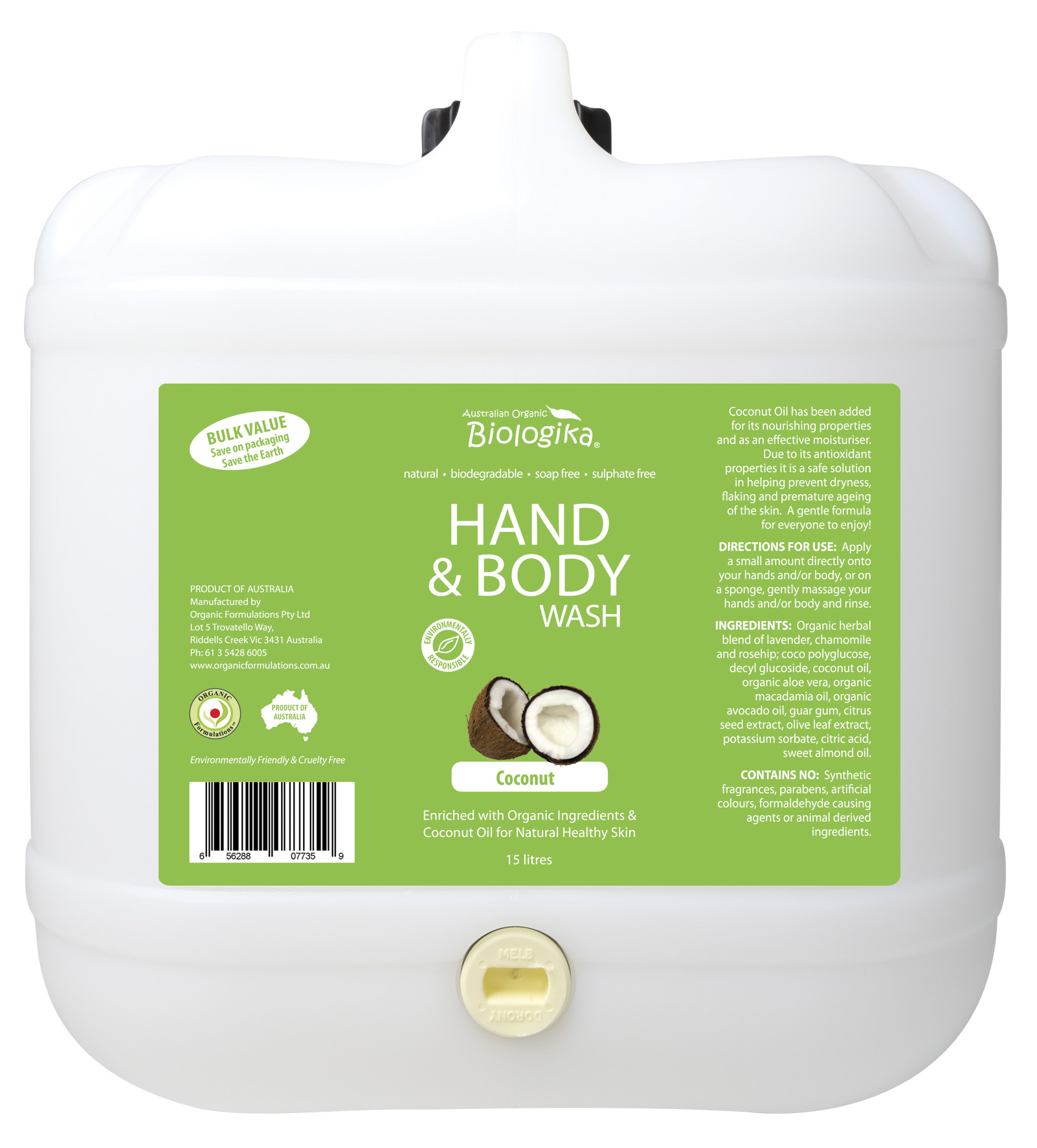 Australian Biologika Organic Coconut Hand & Body Wash BULK VALUE 15L ...